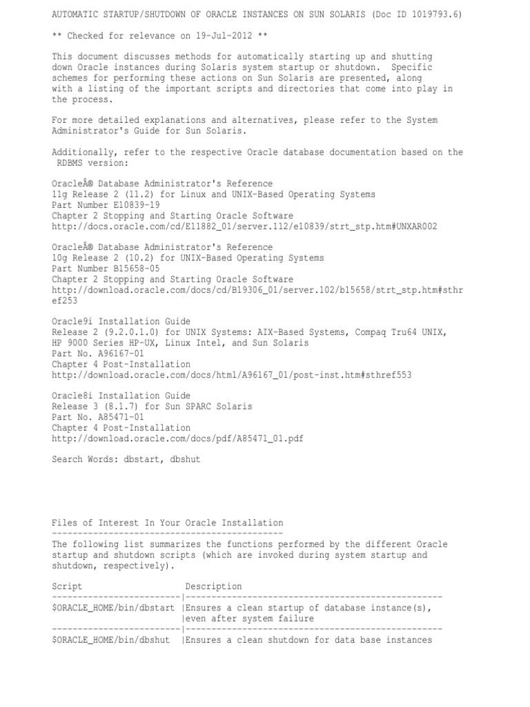 Automatic Startup-Shutdown of Oracle Instances On Sun Solaris | PDF ...
