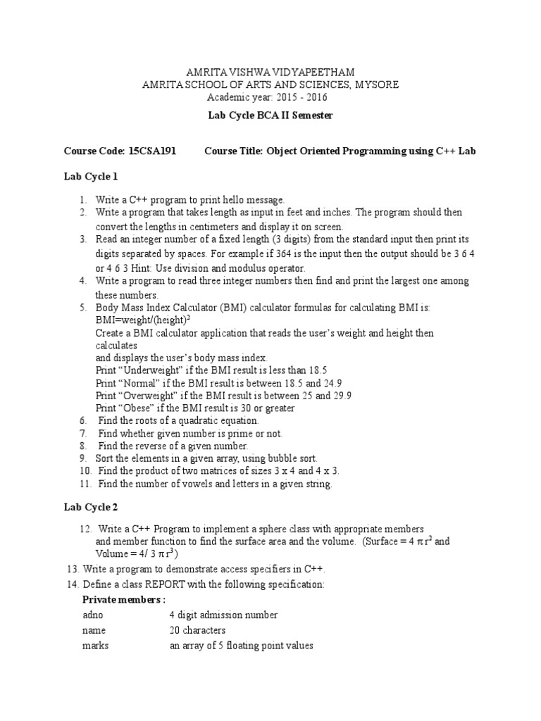 Lab Cycle BCA II Semester Course Code: 15CSA191 Course Title: Object Oriented Programming Using ...