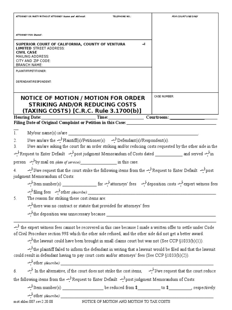 Motion Tax Costs Strike Form Example | Lawsuit | Complaint