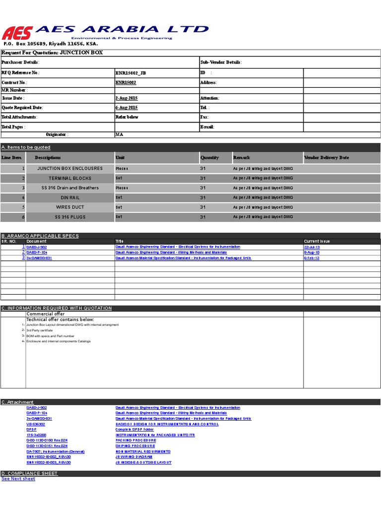 Request For Quotation: JUNCTION BOX: Purchaser Details: Sub-Vendor Details: ENR15002 - JB | PDF ...