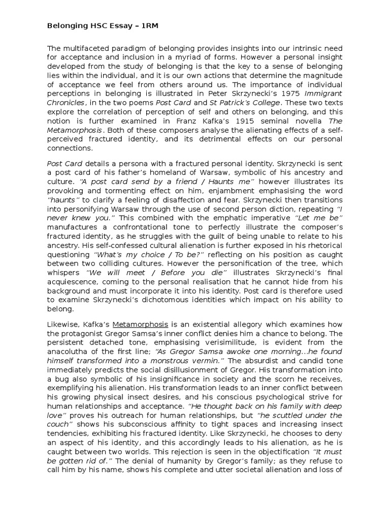 Belonging HSC Essay - 1RM | PDF | The Metamorphosis | Psychological ...