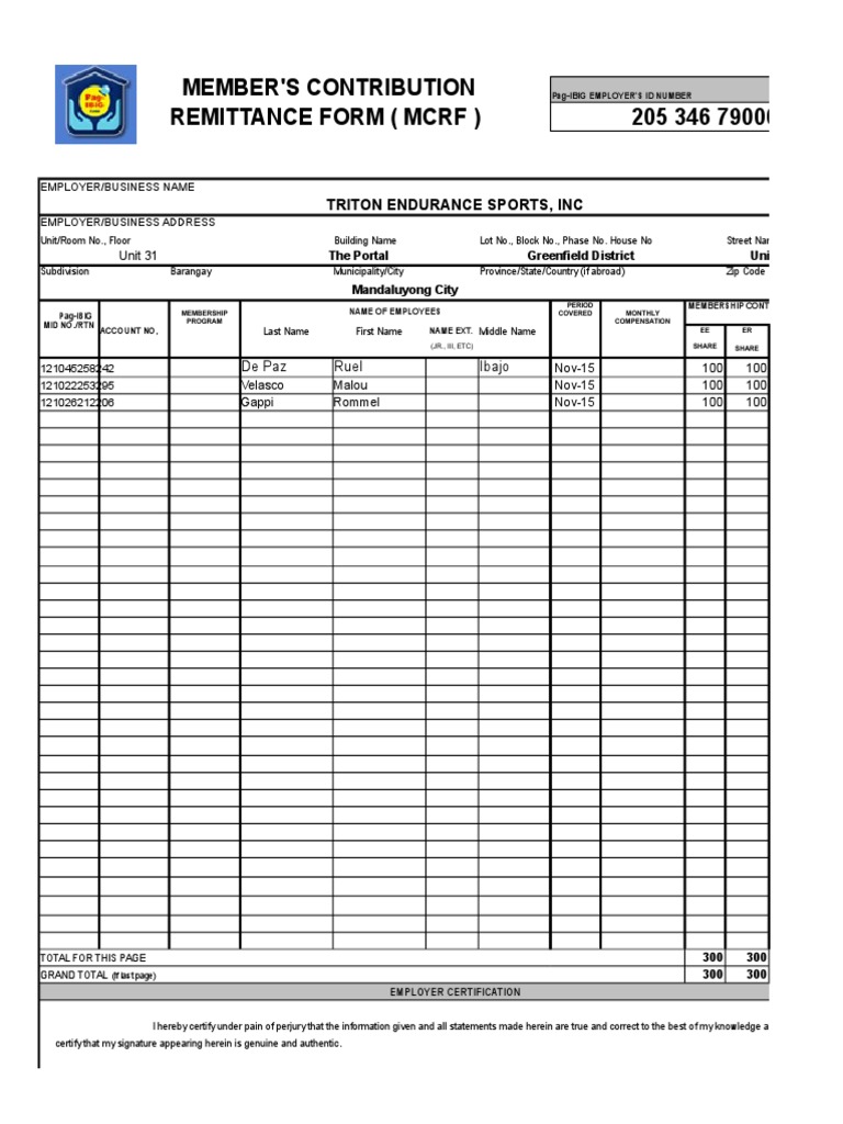 Member'S Contribution Remittance Form (MCRF) 205 346 790008 | PDF