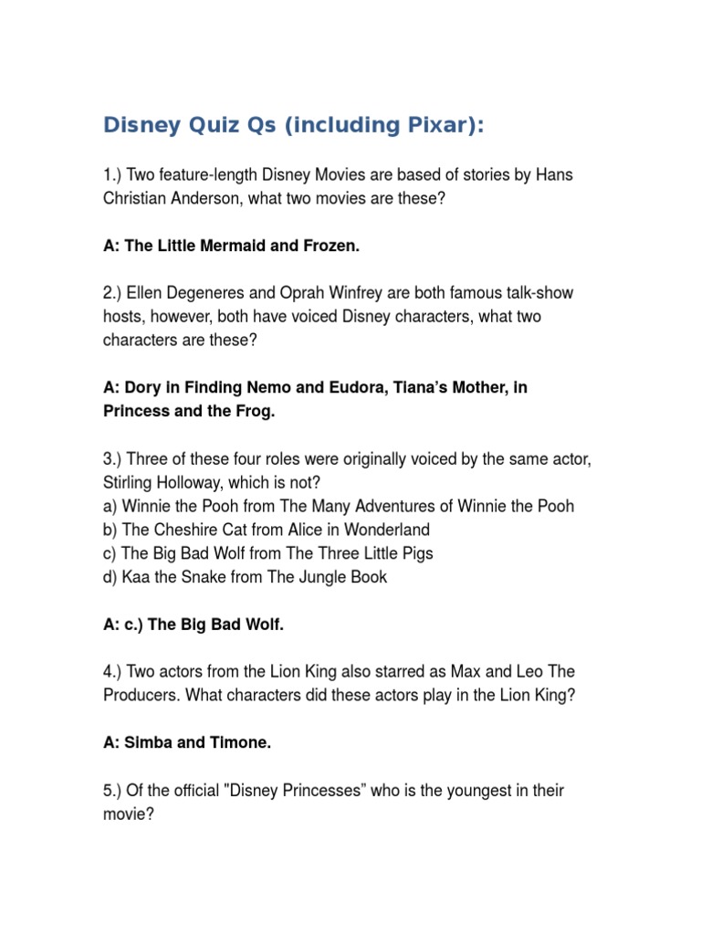 Disney Quiz Qs (Including Pixar) :: A: The Little Mermaid and Frozen ...