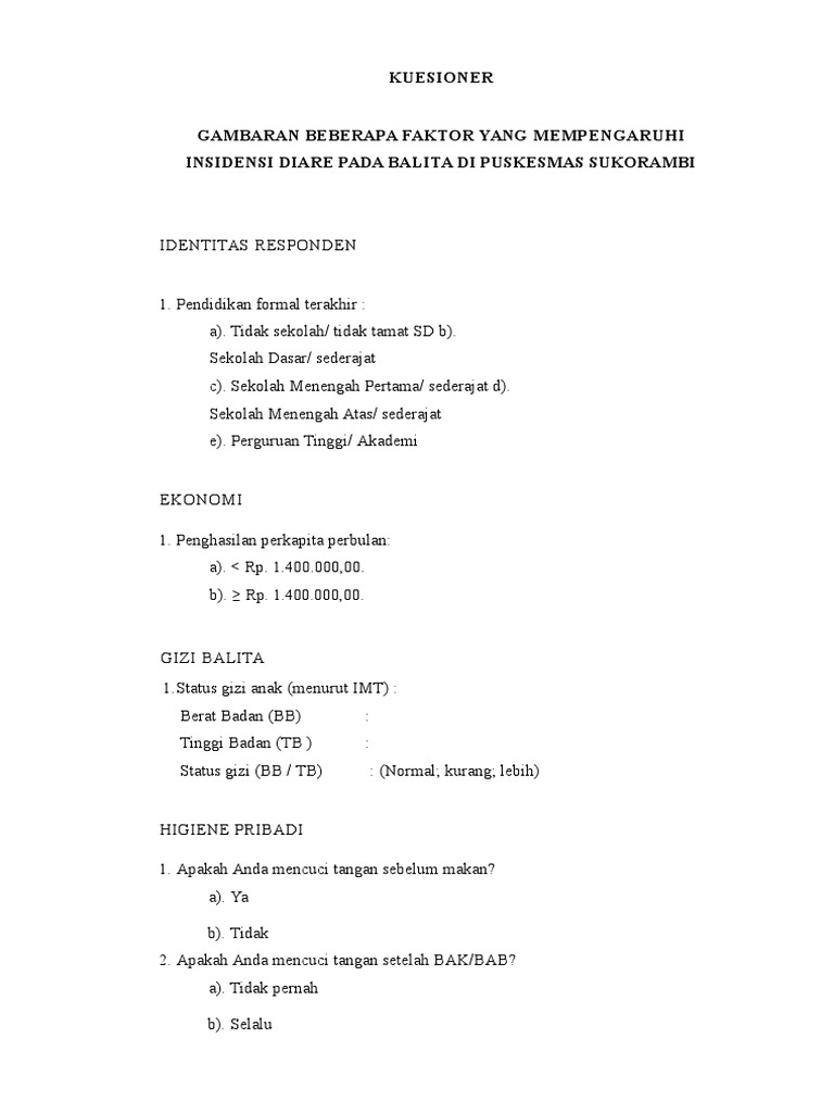 Kuesioner Diare | PDF