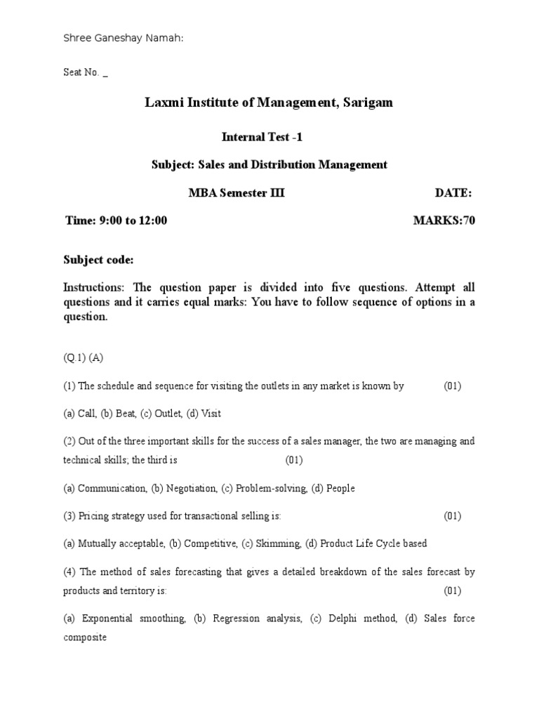 SDM Internal Test Paper - MBA Semester III | PDF | Sales | Business