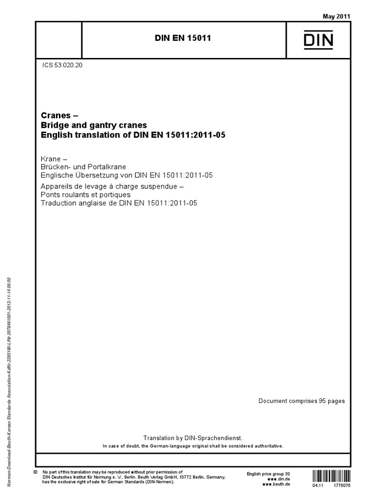 DIN en 15011-2011 - Cranes - Bridge and Gantry Cranes | PDF | Crane ...