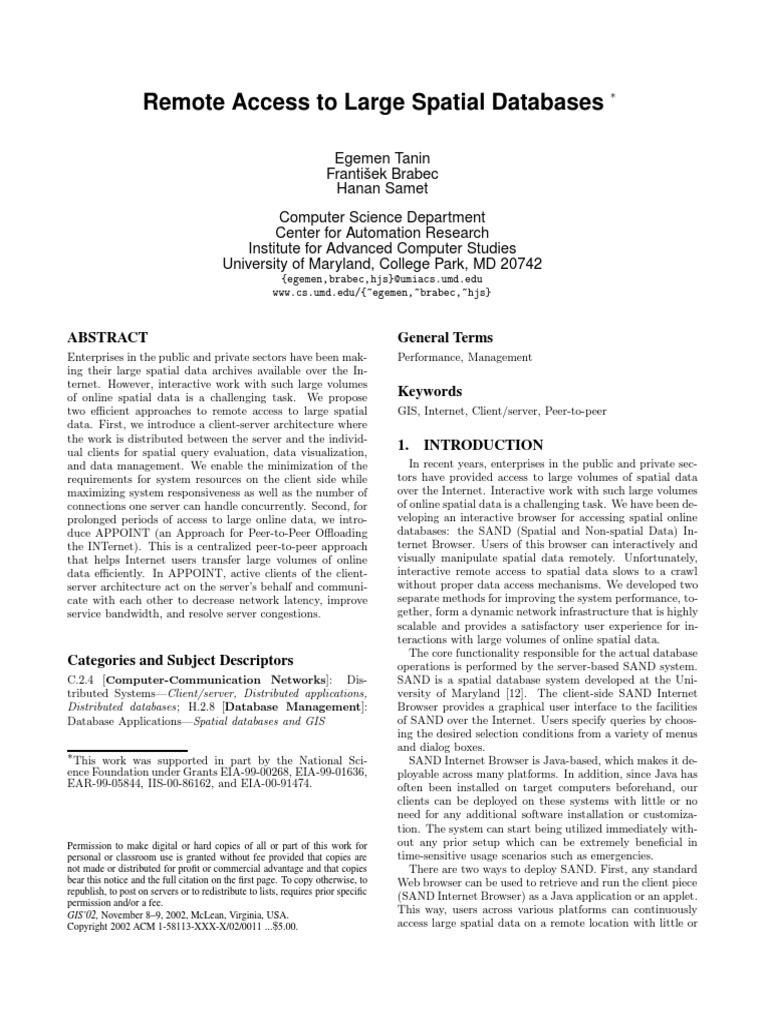 Remote Access To Large Spatial Databases | PDF | Client–Server Model | Peer To Peer