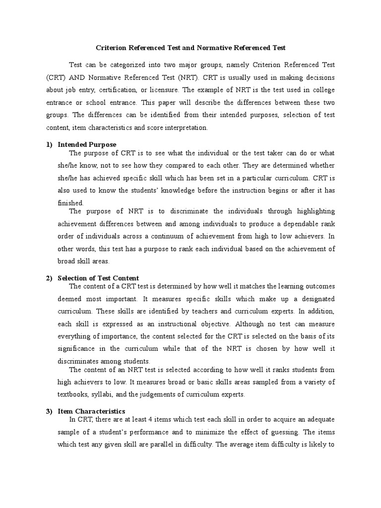 Criterion Referenced Test and Normative Referenced Test | PDF | Test ...