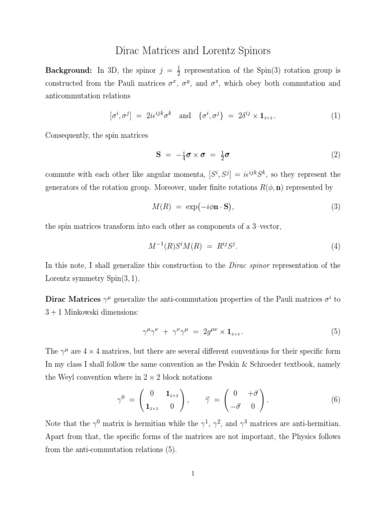 Dirac Matrices And Lorentz Spinors Pdf Spin Physics Matrix Mathematics