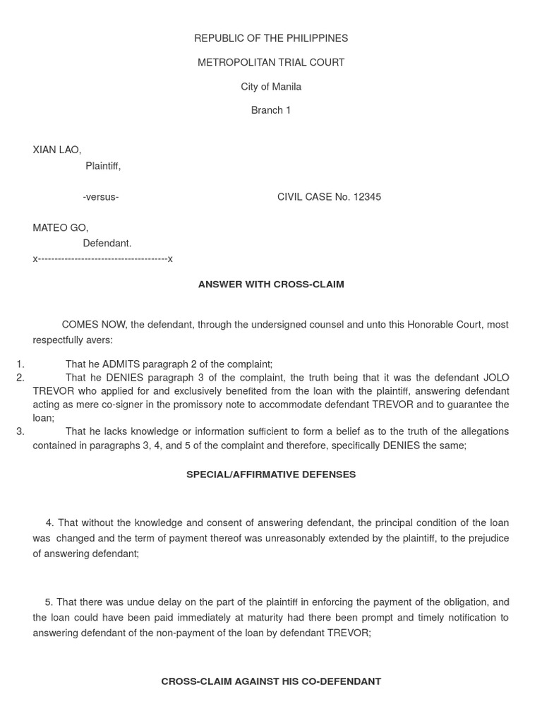 Answer With Cross-Claim | PDF | Complaint | Lawsuit