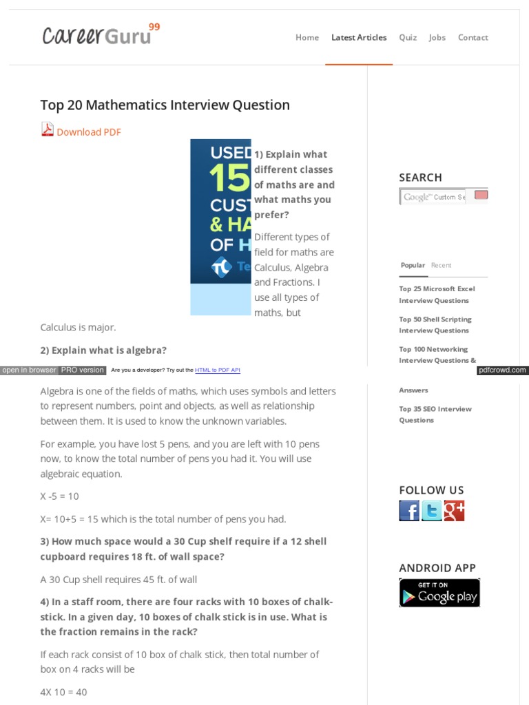 Career Guru99 Com Top 20 Mathematics Interview Question | PDF | Fraction (Mathematics) | Percentage