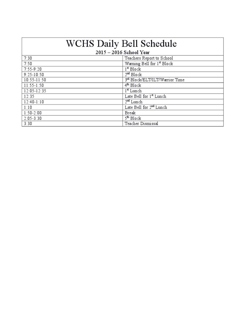 WCHS Daily Bell Schedule 2015-16 | PDF | Language Arts & Discipline ...