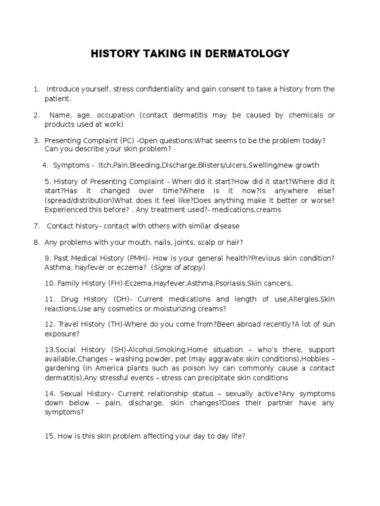 History Taking in Dermatology | PDF | Dermatitis | Epidemiology