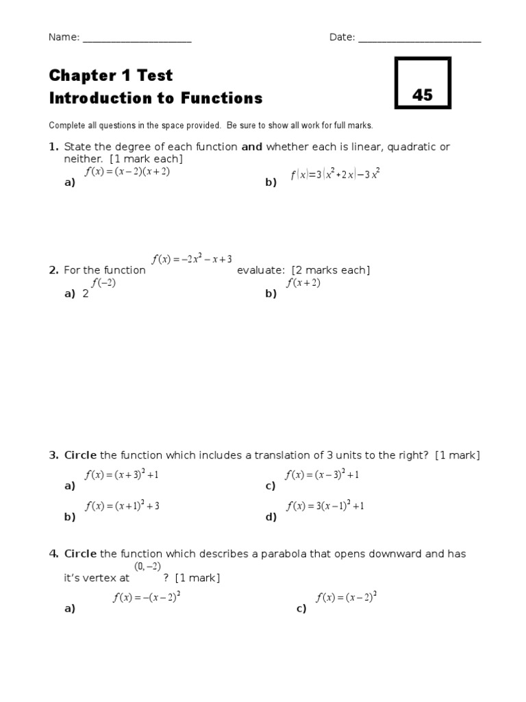 Chapter 1 Test Introduction To Functions 45: Neither. (1 Mark Each) + 2 ...