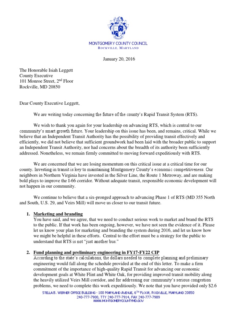 CMs Letter To CE Leggett On Moving BRT Forward | PDF | Transport | Road ...