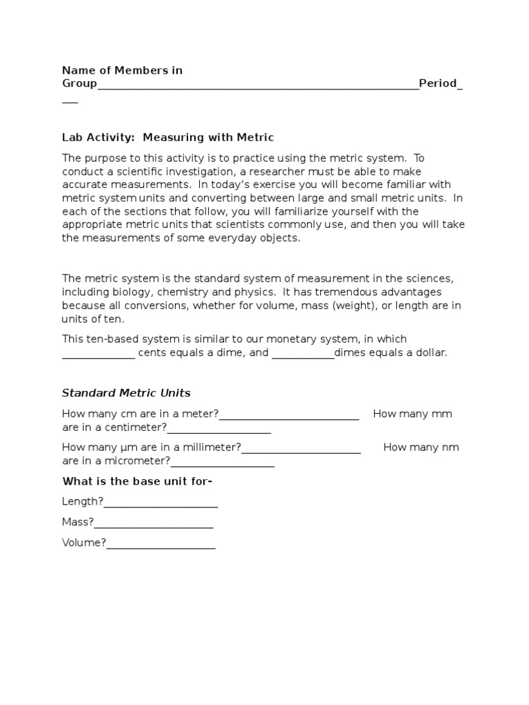 Measurements Lab Activity | PDF | Weighing Scale | Fahrenheit