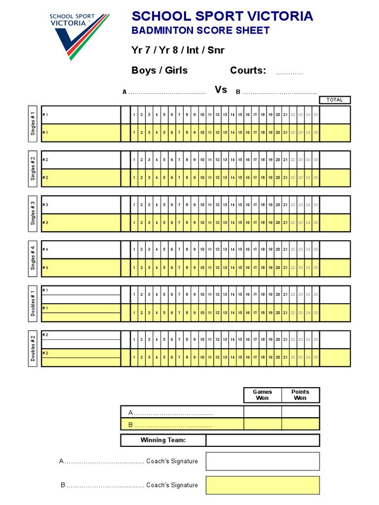 Badminton - Score Sheet | PDF