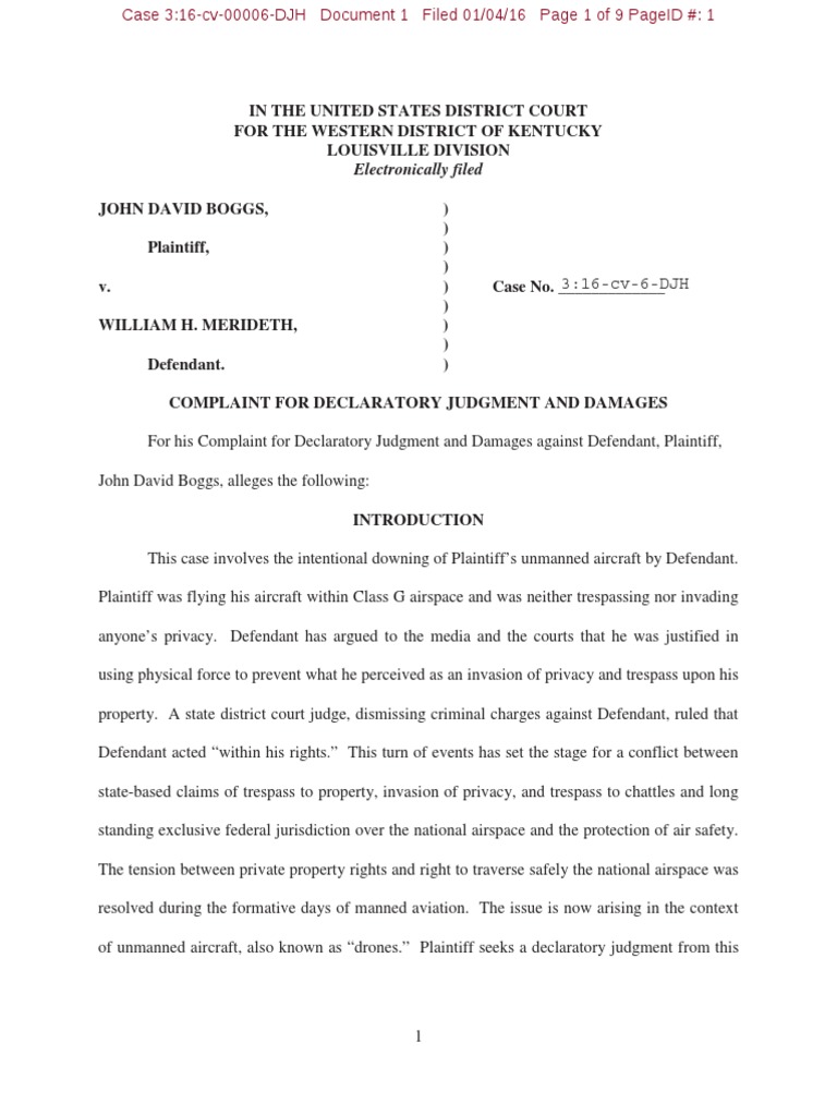 John David Boggs v. William Merideth: Complaint | PDF | Trespass | Diversity Jurisdiction