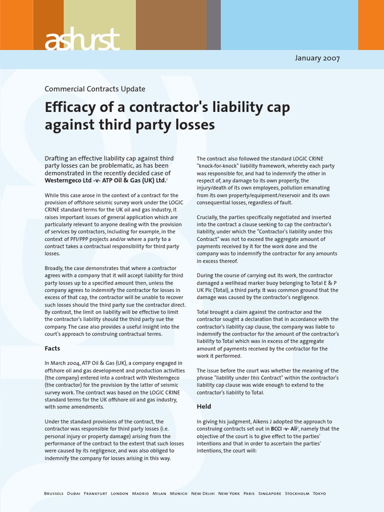 Efficacy of Liability Cap Against Third Party Losses | PDF | Indemnity ...