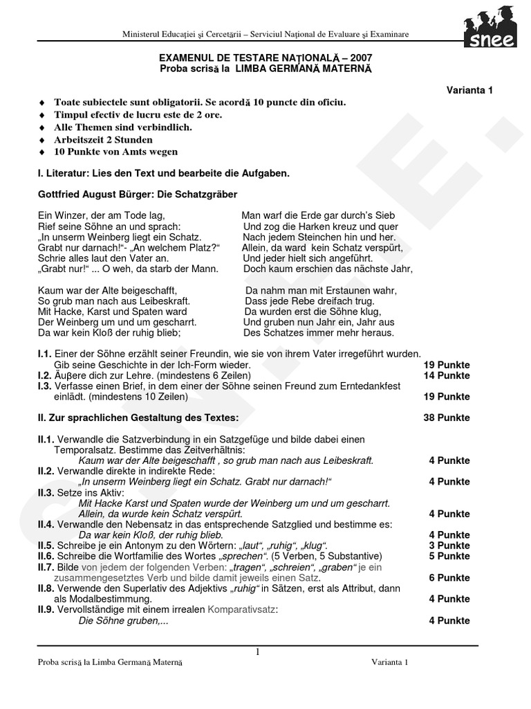 limba materna germana variant examen | Sentence (Linguistics) | Philology