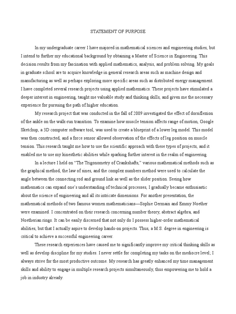Statement of Purpose | Engineering | Physics & Mathematics | Free 30 ...