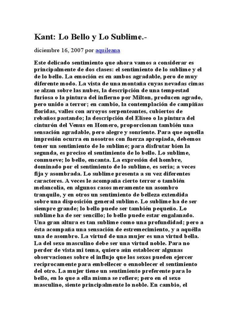 Kant - Lo Bello y Lo Sublime | PDF | Belleza | Nobleza