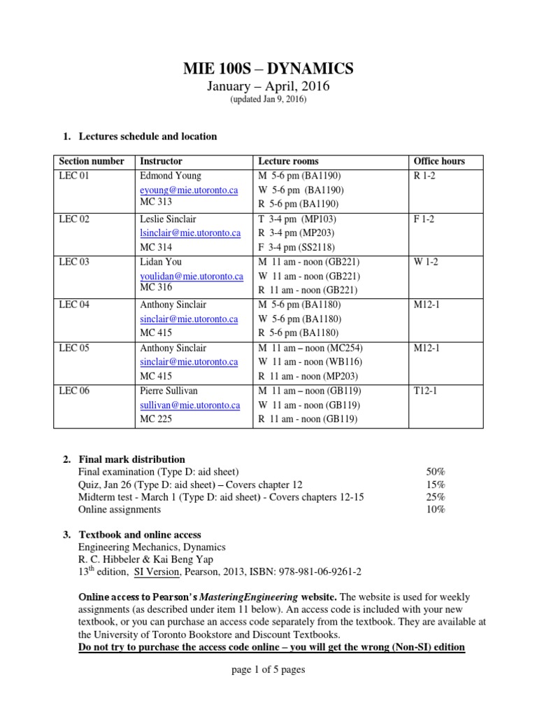 MIE100 - Dynamics - Course Outline - Winter 2016 Rev 313 | PDF ...
