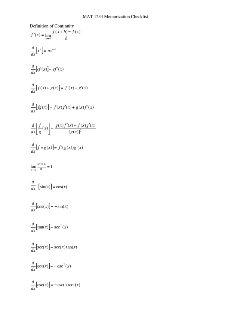 Calculus Memorization Checklist | PDF | Teaching Methods & Materials ...