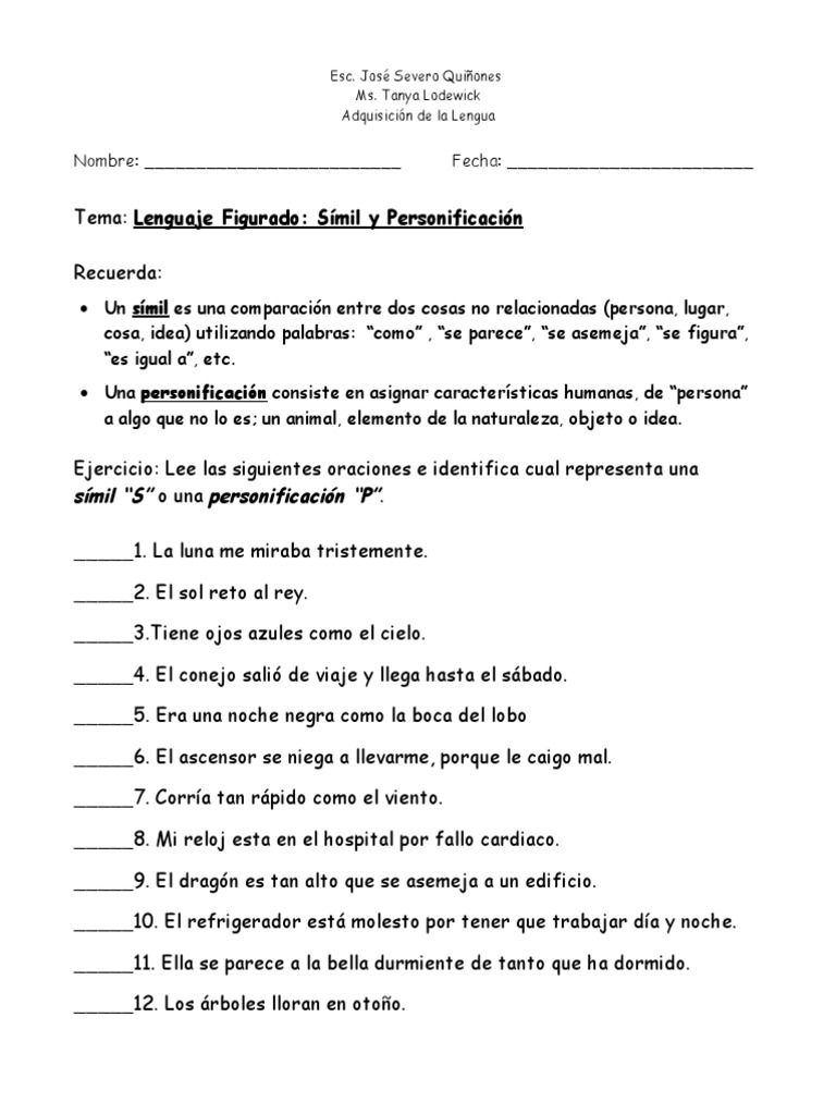 Hoja De Trabajo De Símil Y Metáfora En Formato Pdf