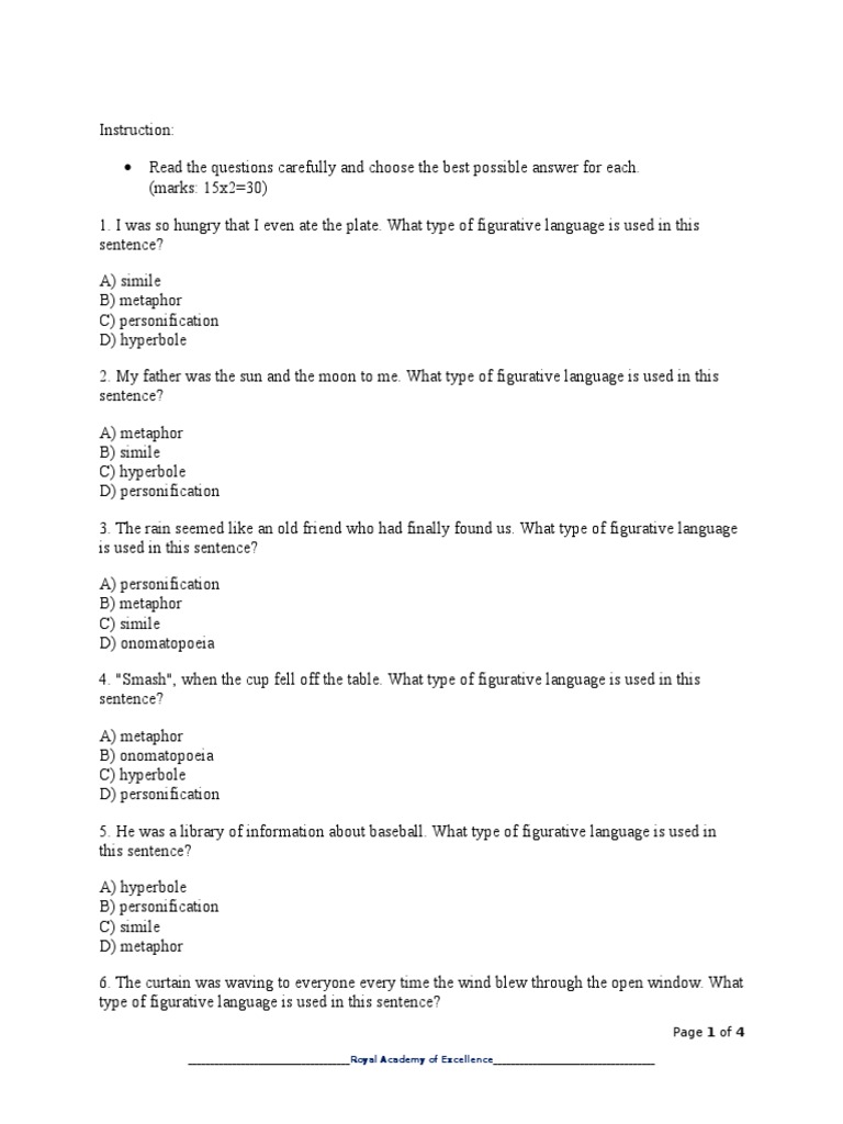 Figurative Language Quiz and Answers | PDF | Metaphor | Linguistics