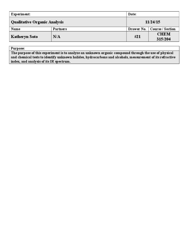 Chem 315 - Lab 10 - Qualitative Organic Analysis | PDF | Alkene | Alcohol