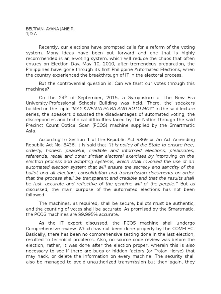 Reaction Paper (PCOS Machines) | PDF | Elections | Public Sphere Reaction Paper (PCOS Machines) | PDF | Elections | Public Sphere