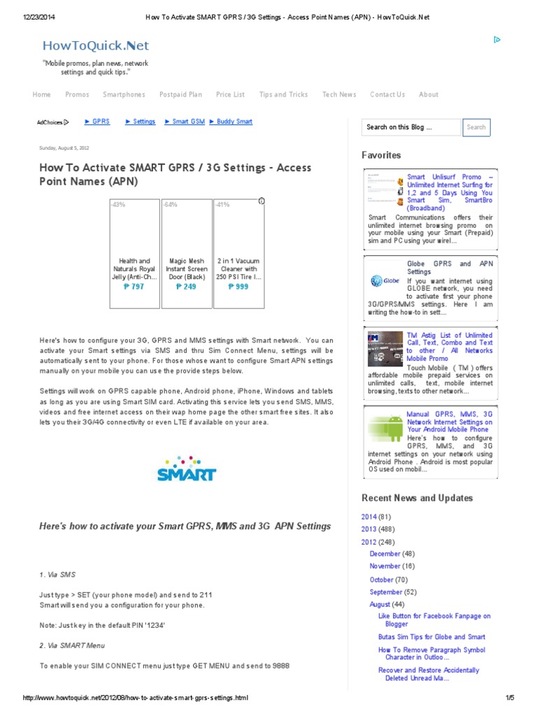 Smart APN and GPRS Settings Guide | PDF | Mobile Phones | 3 G
