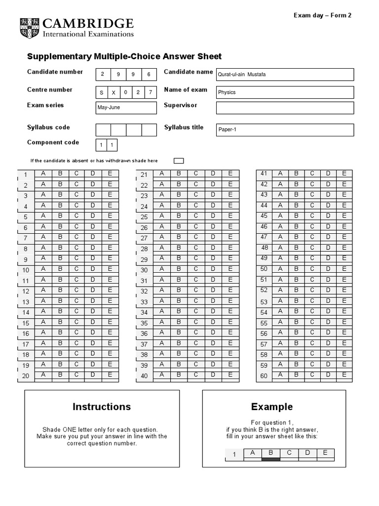 OMR MCQ's SHEET Supplementary - Exam Day - Form 1 | PDF
