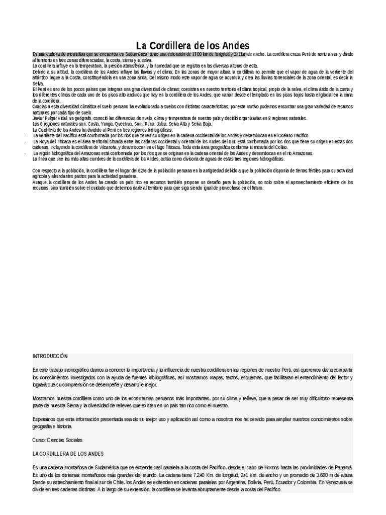 La Cordillera de Los Andes | PDF | Andes | Clima