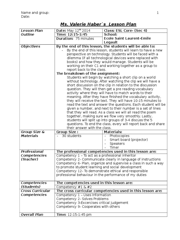 Ms. Valerie Haber's Lesson Plan | PDF | Competence (Human Resources ...