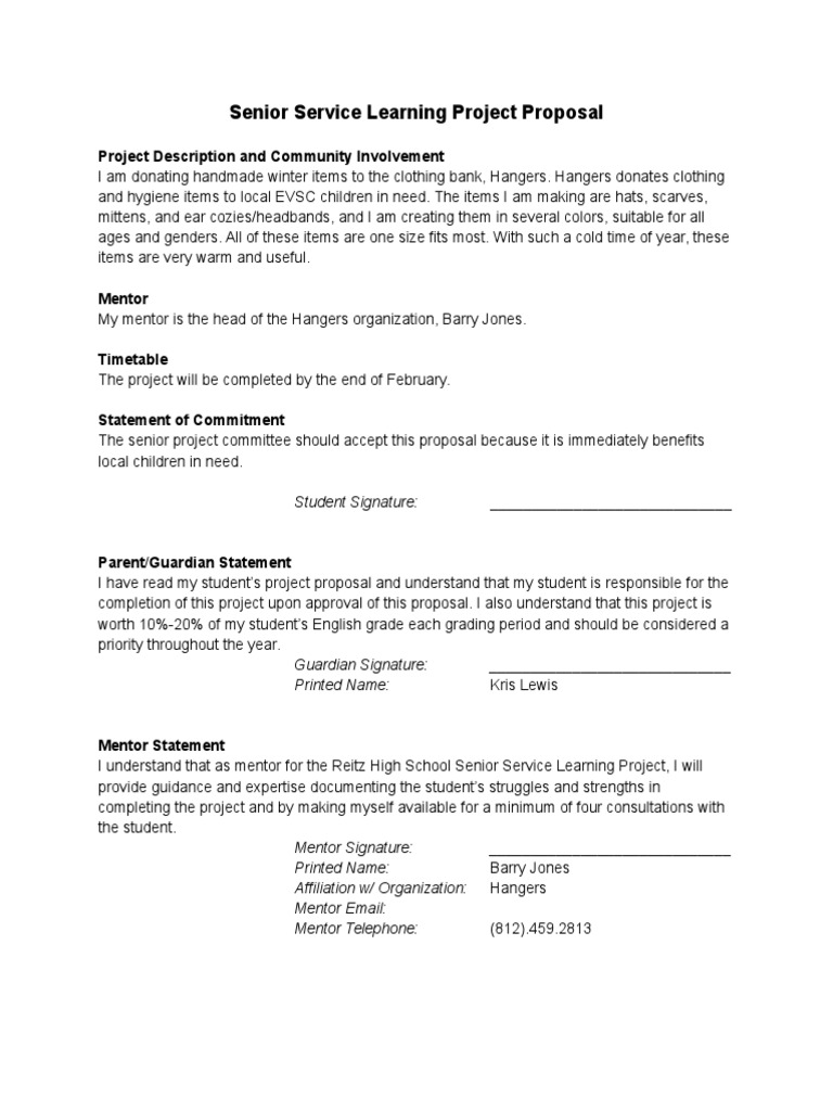 Senior Service Learning Project Proposal: Project Description and ...
