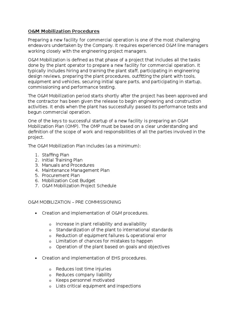 O&M Mobilisation Plan | PDF | Reliability Engineering | Employment