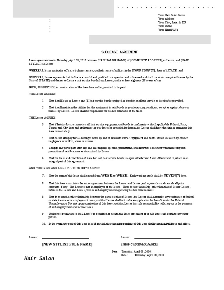102-Hair Salon Sublease Contract | PDF | Lease | Civil Law (Legal System)