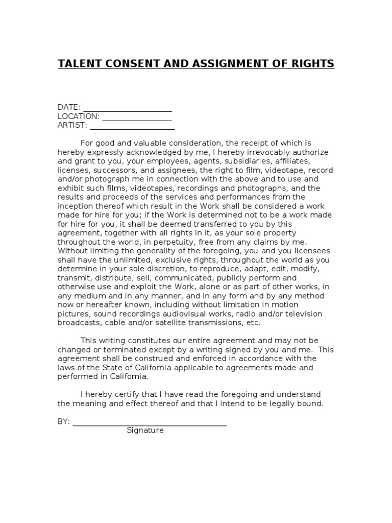 111-Talent Consent and Assignment of Rights | PDF