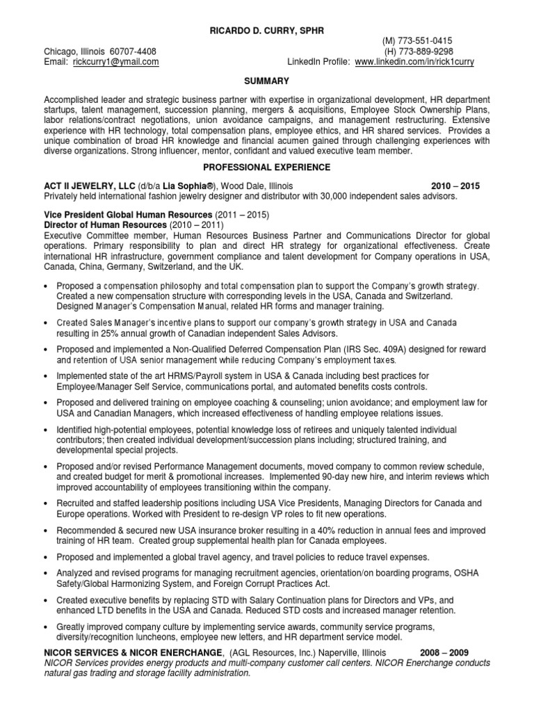 Vice President Human Resources in Chicago IL Resume Ricardo Curry | PDF ...