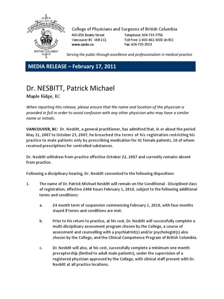 Dr. Nesbitt Disciplinary Action | PDF | Physician | Medical Prescription