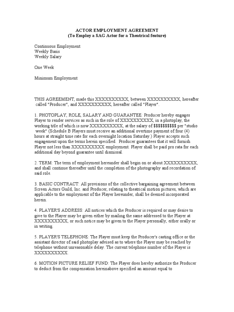 128-ACTOR Employment AGREEMENT - (Employ SAG Actor For A Theatrical ...