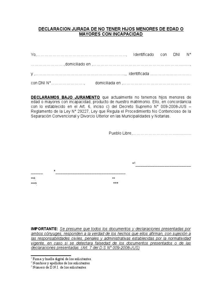Declaracion Jurada de No Tener Hijos Menores de Edad o Mayores Con Incapacidad | PDF | Finanzas ...