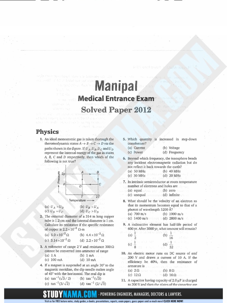 Manipal UGET Medical 2012 Previous Year Paper With Solutions | PDF ...