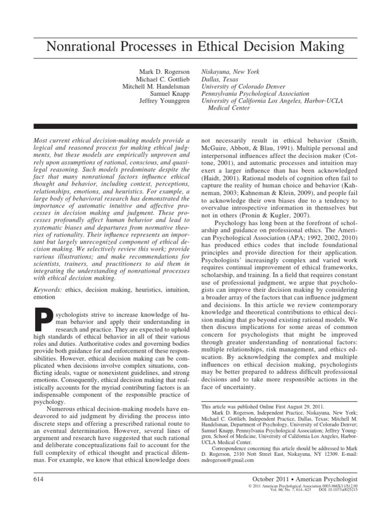 Nonrational Processes in Ethical Decision Making | PDF | Heuristics In ...