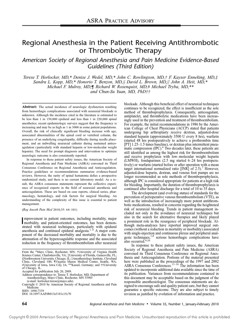 Anticoagulation Asra | PDF | Anesthesia | Thrombosis
