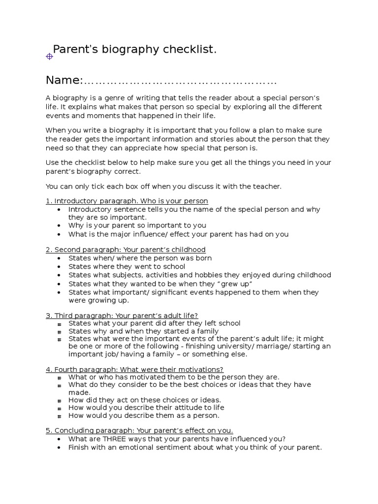 Parent Biography Writing Checklist | PDF