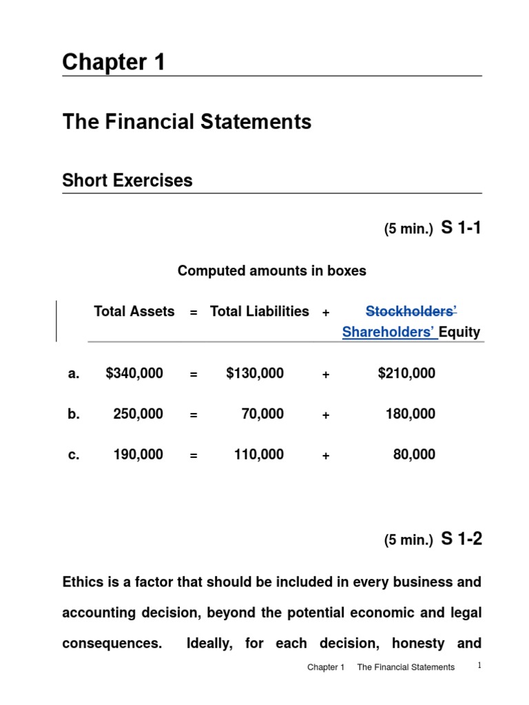 Financial Accounting Chapter 1 Solutions | PDF | Balance Sheet ...