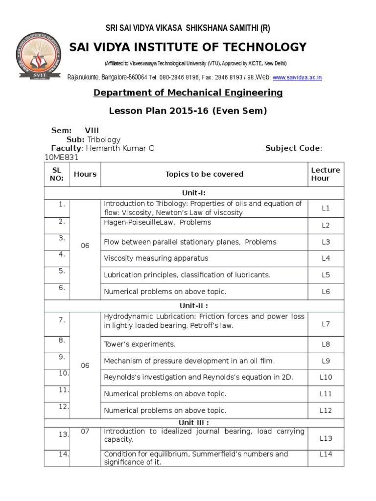 Tribology Lesson Plan | PDF | Bearing (Mechanical) | Wear